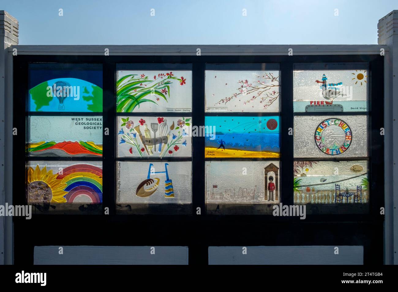Worthing Pier stained glass panels in the windbreak known as Windows On ...