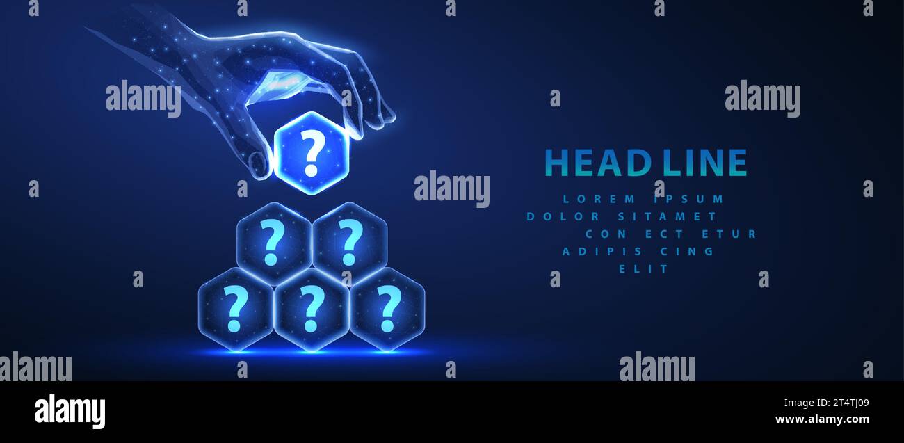 Questions pile. Question mark icons on hexagons make a pyramid and hand ...