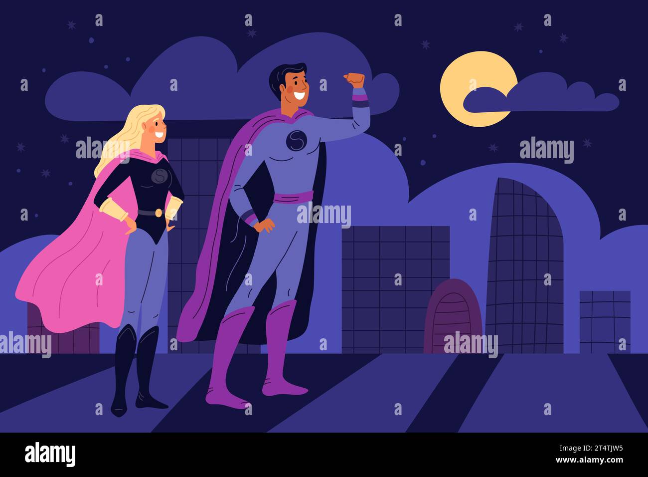 Super heroes team in city. Cartoon strong couple in heroic costumes ...