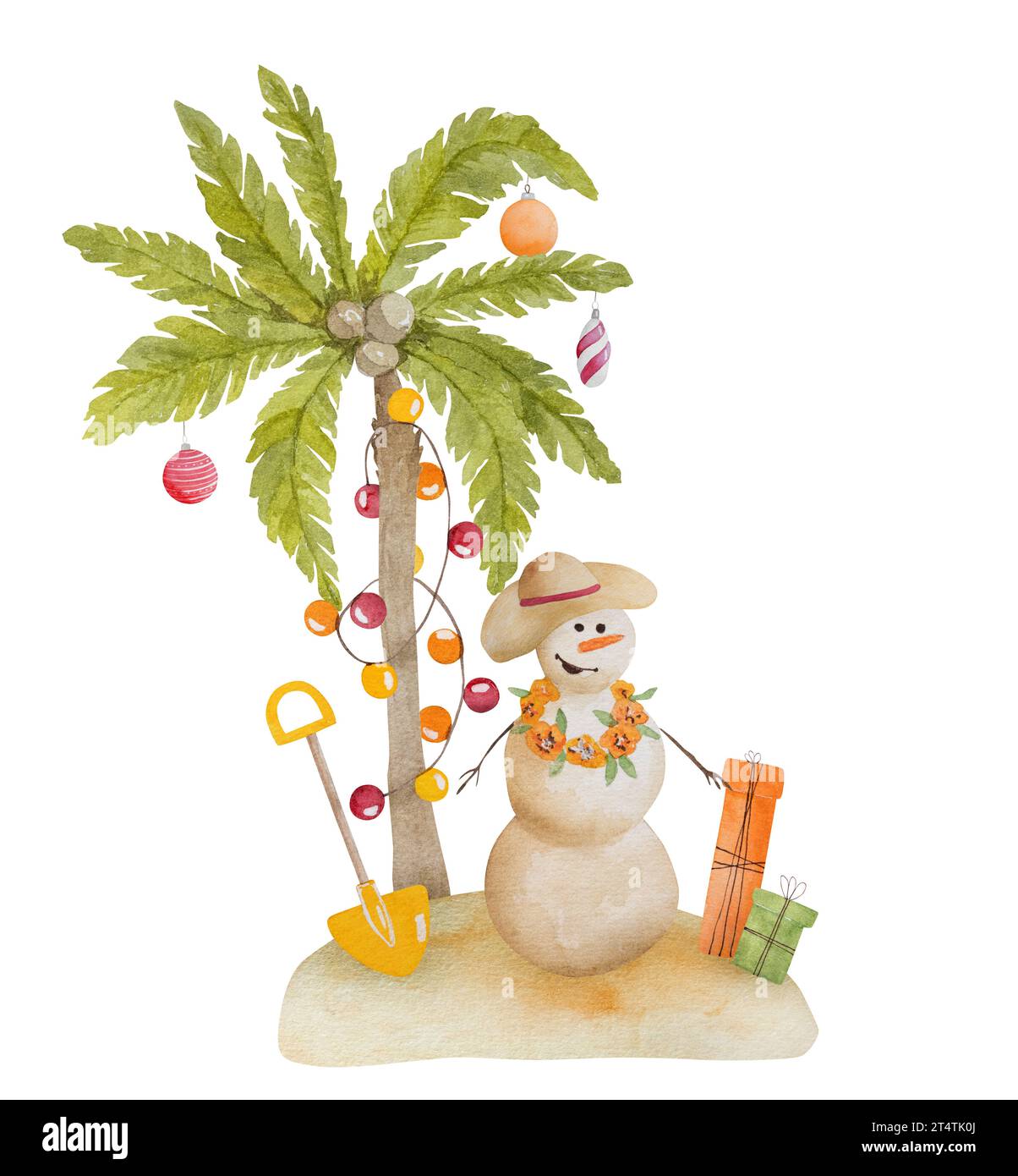 Caribbean merry christmas watercolor painting with snowman, palms xmas ...