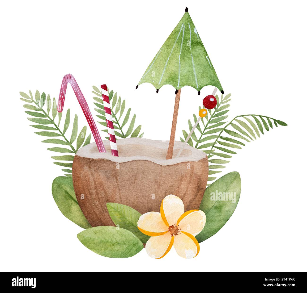 Tropical summer beach coctail pina colada in coconut watercolor ...