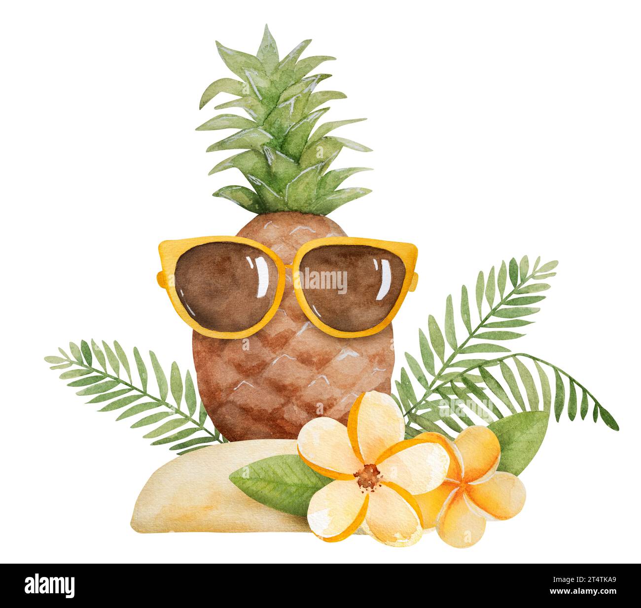 Tropical summer pineapple with sun glasses and plumeria watercolor ...