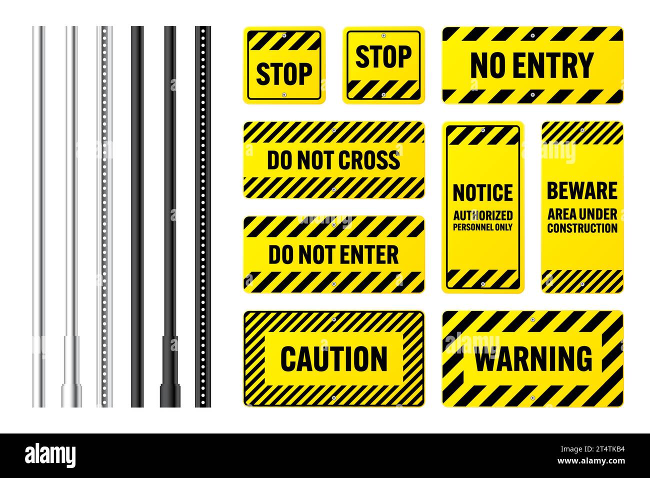 Warning, danger signs, attention banners with metal poles. Yellow ...