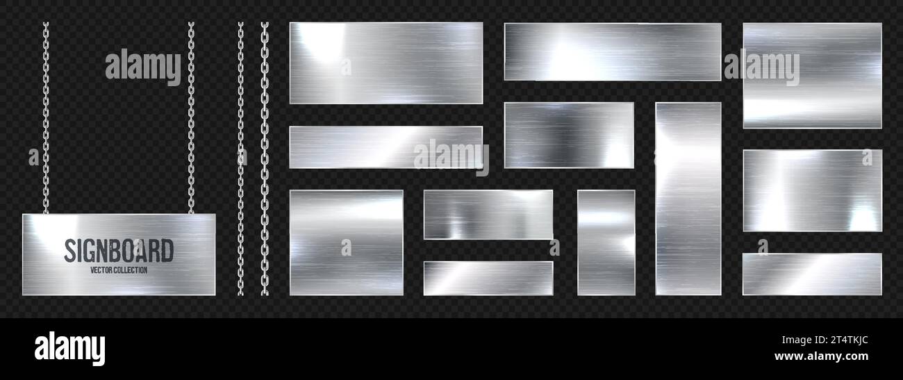 Metal banners hanging on a chain. Realistic shiny steel plate with ...
