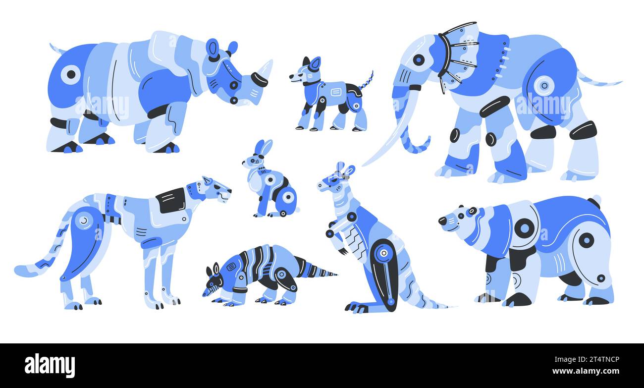 Cartoon cyborg animals. Robotic fauna characters. Mechanical mascots ...