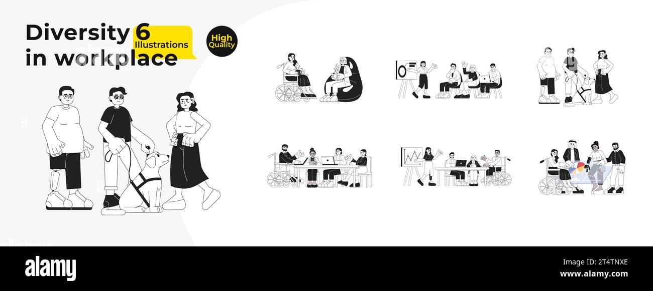 Inclusion in workplace black and white cartoon flat illustration bundle ...