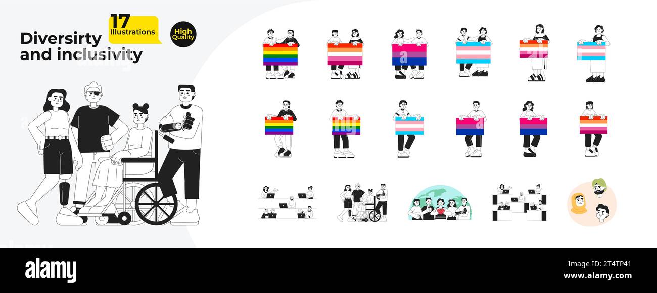 LGBTQ inclusive diverse adult black and white cartoon flat illustration ...