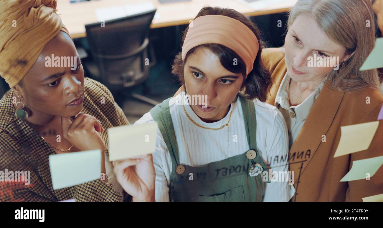 Sticky notes, business people and teamwork planning, thinking and ...