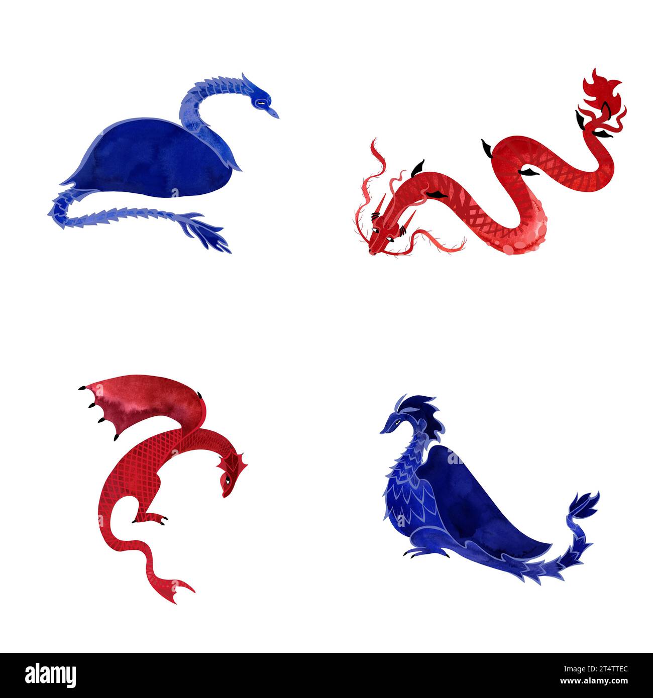 Set Of Blue And Red Dragons Fairy Tale Characters Isolated Watercolor