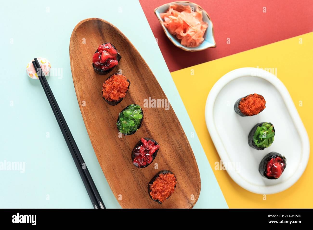 Various Set of Gunkan Sushi on Colorful Table, Japanese Food Stock ...