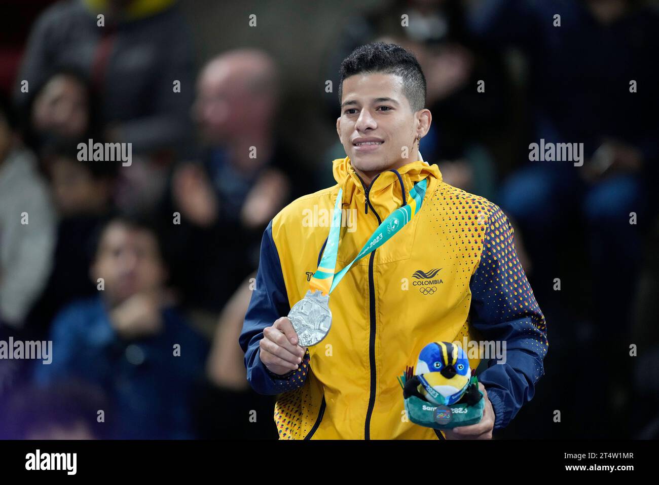Colombia's Oscar Tigreros, silver, poses on the podium of the men's ...