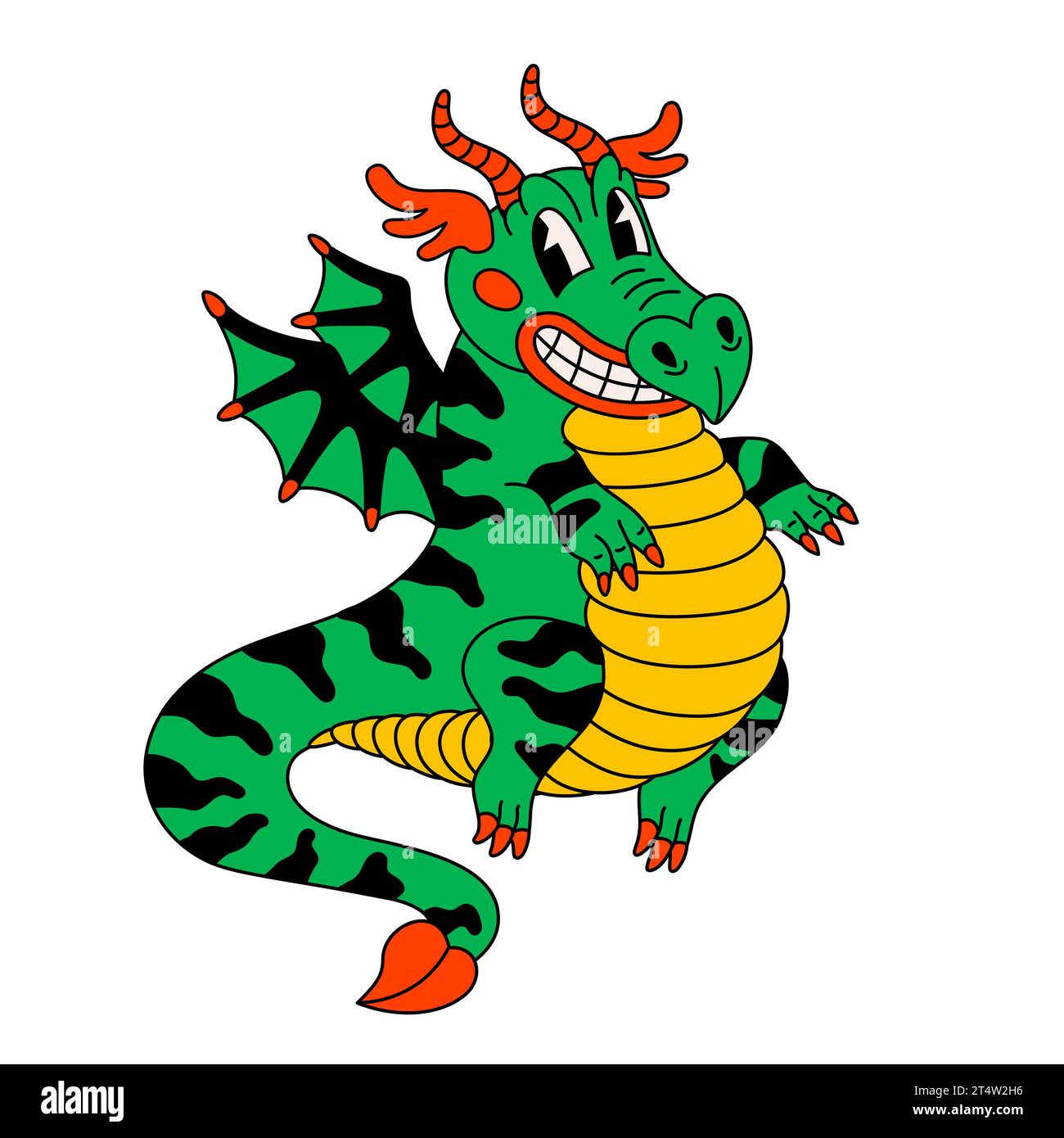 Retro style groovy cartoon dragon. Vintage 70s a funny smiling dragon ...
