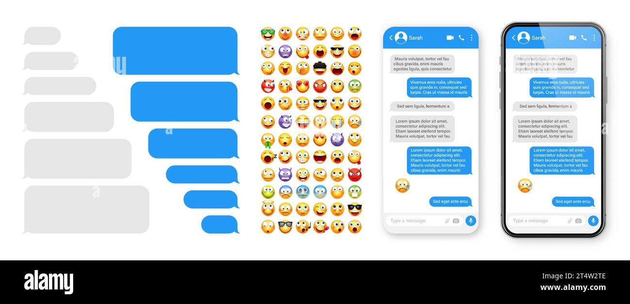 Smartphone messaging app, user interface design with emoji. SMS text ...