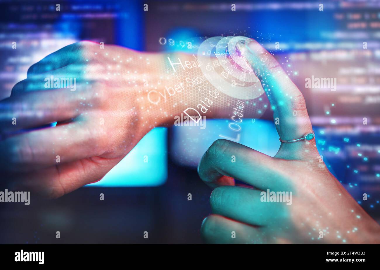 Hands. hacking and cybersecurity, hologram button and choice with ...