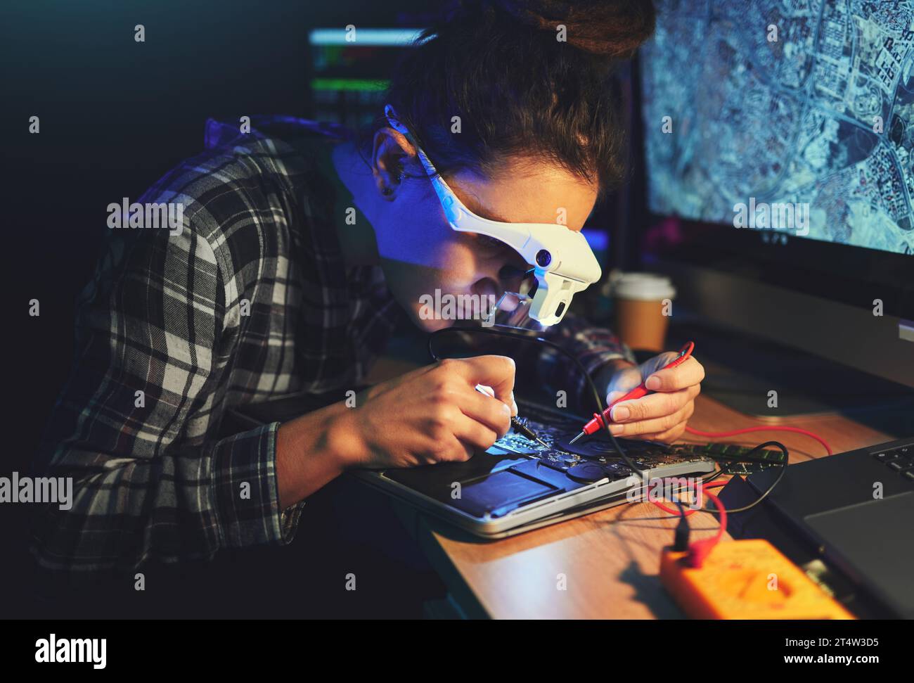 Woman, technician and motherboard with circuit, electronics or ...