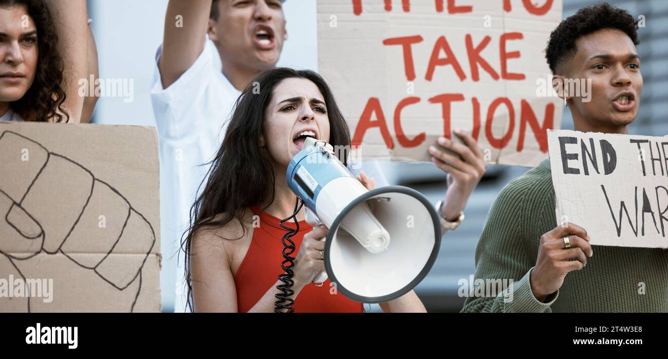 Community, justice and woman with a megaphone for protest announcement ...