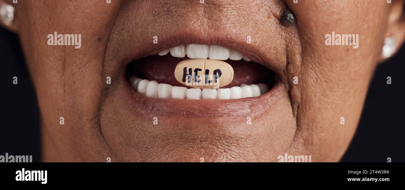 Mental health, psychology and old woman mouth with tablet for help ...