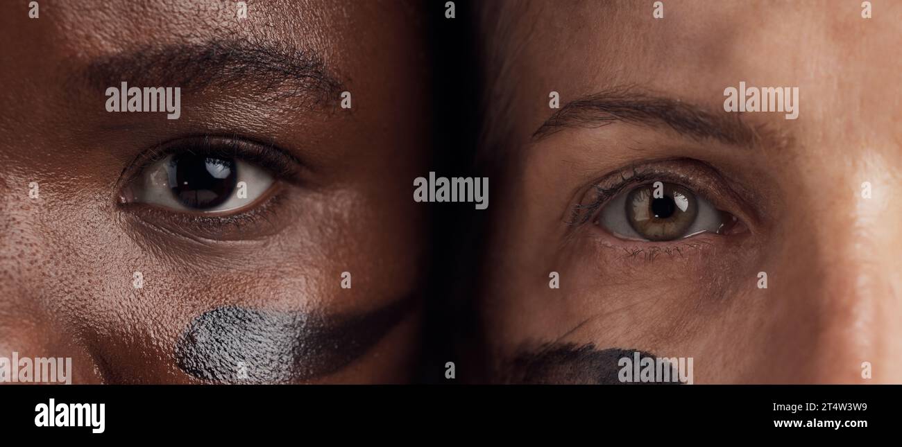 Eyes, diversity and empowerment with women closeup in studio for human ...