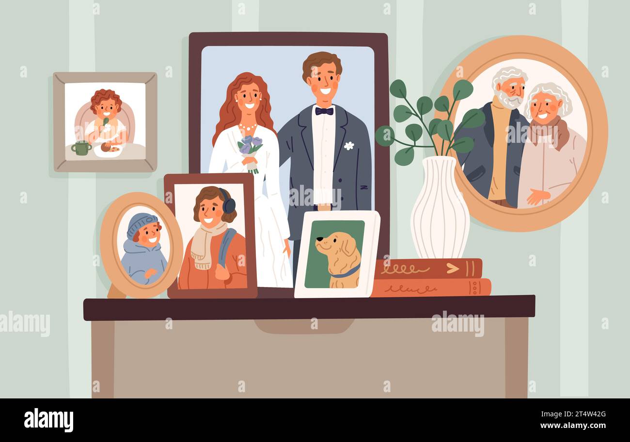 Family photos located on drawers chest. Framed portraits with happy ...