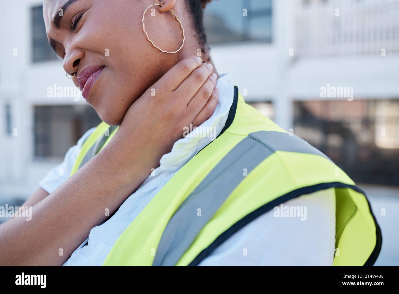 Engineer, woman and neck pain from injury, stress and burnout in civil ...