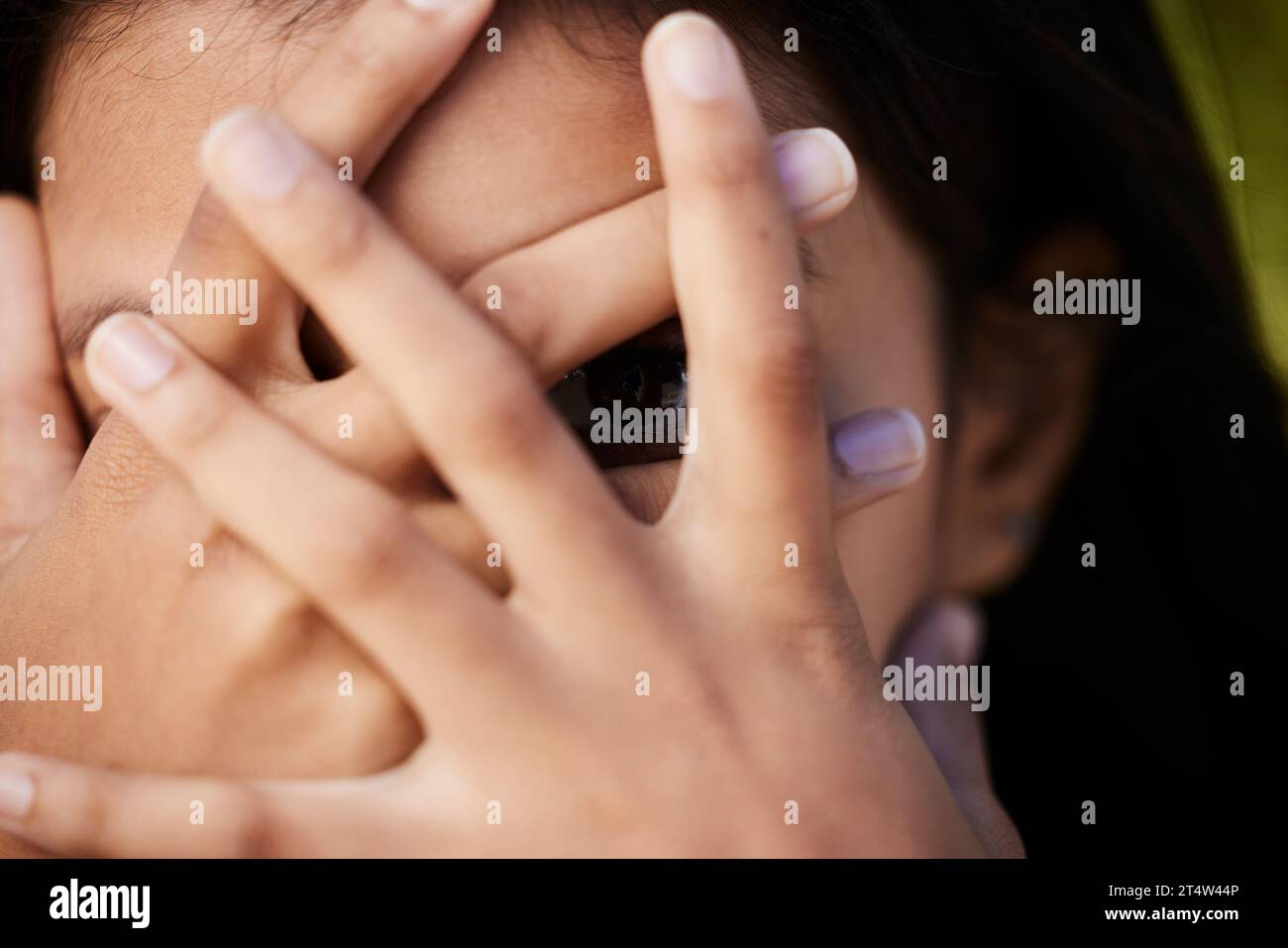 Woman, eye and face cover closeup with hiding and secret in nature with ...