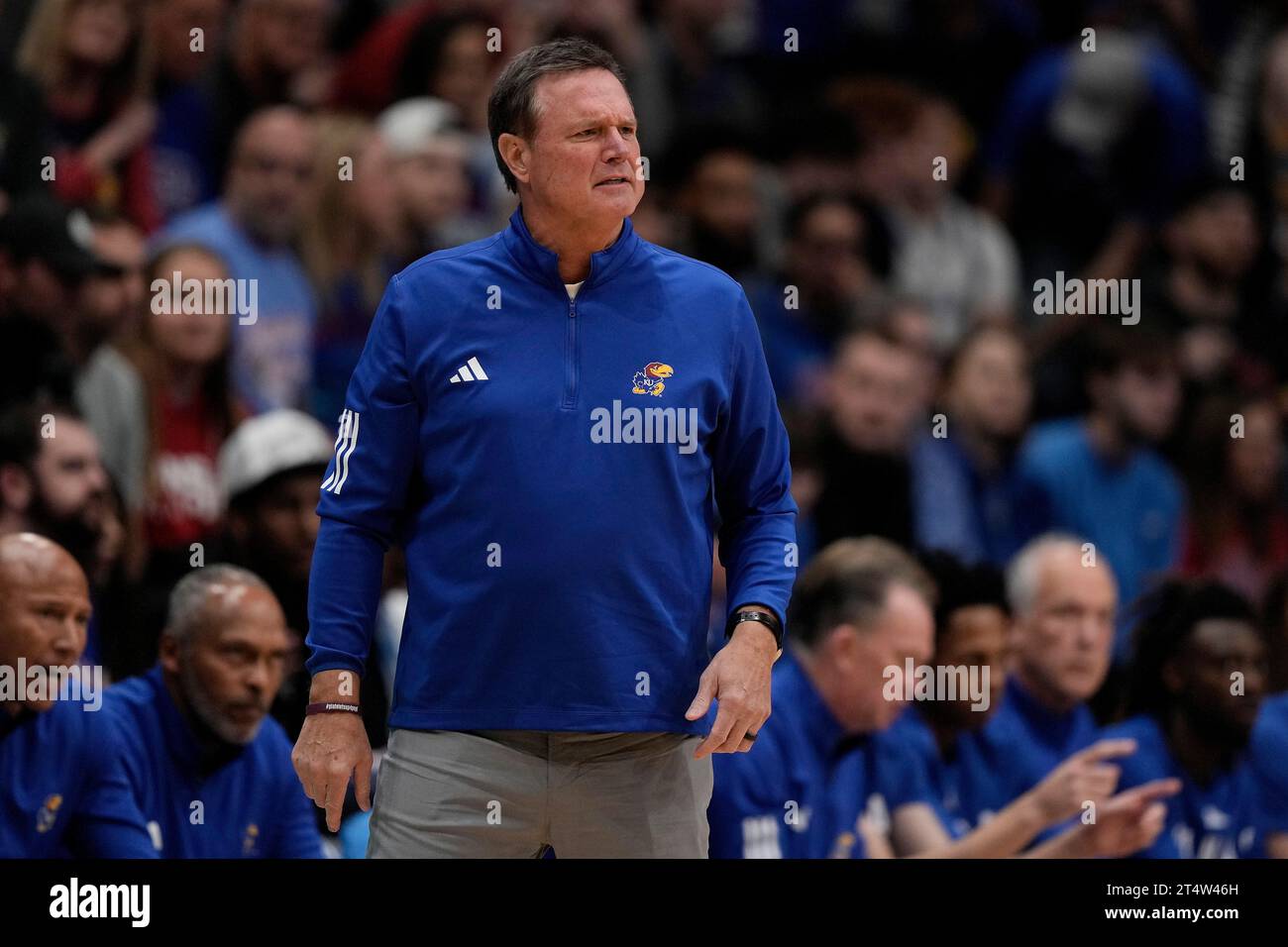 Kansas head coach Bill Self watches during the first half of an ...
