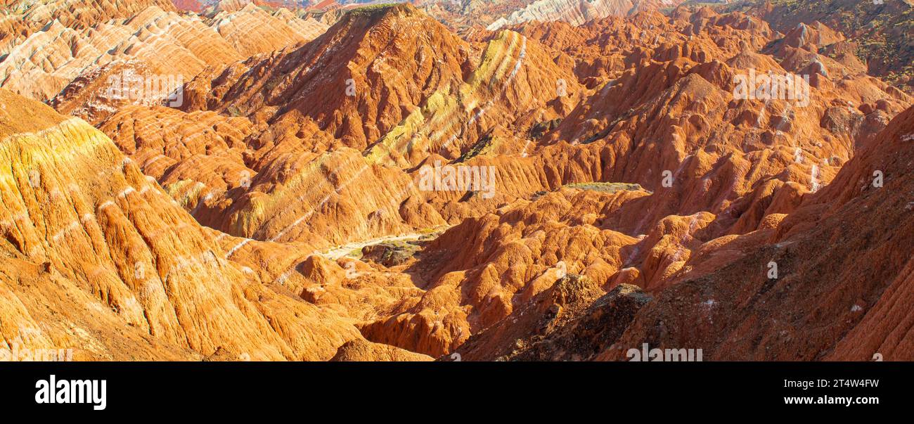 Panorama of the terracotta rocks of Rainbow mountains in Zhangye Danxia ...