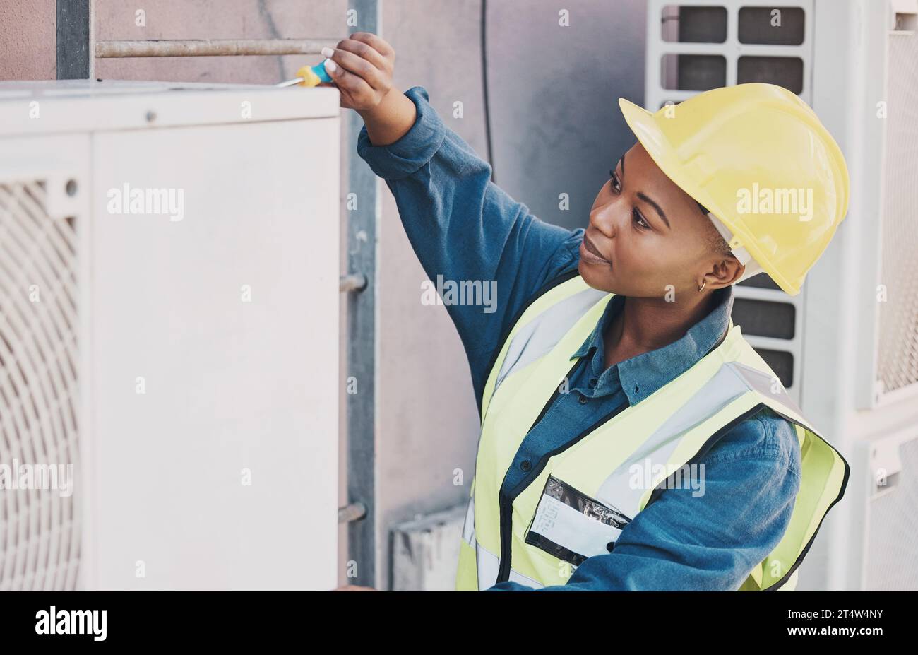 Black woman, technician and building installation for solar panel ...