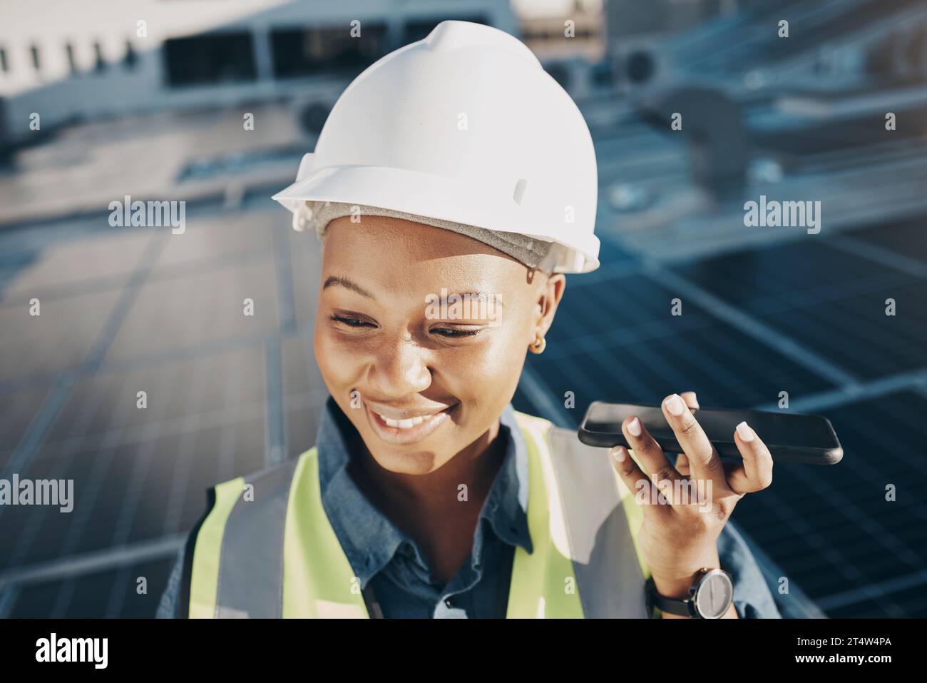 Happy black woman, solar panel and speaker phone call for photovoltaic ...