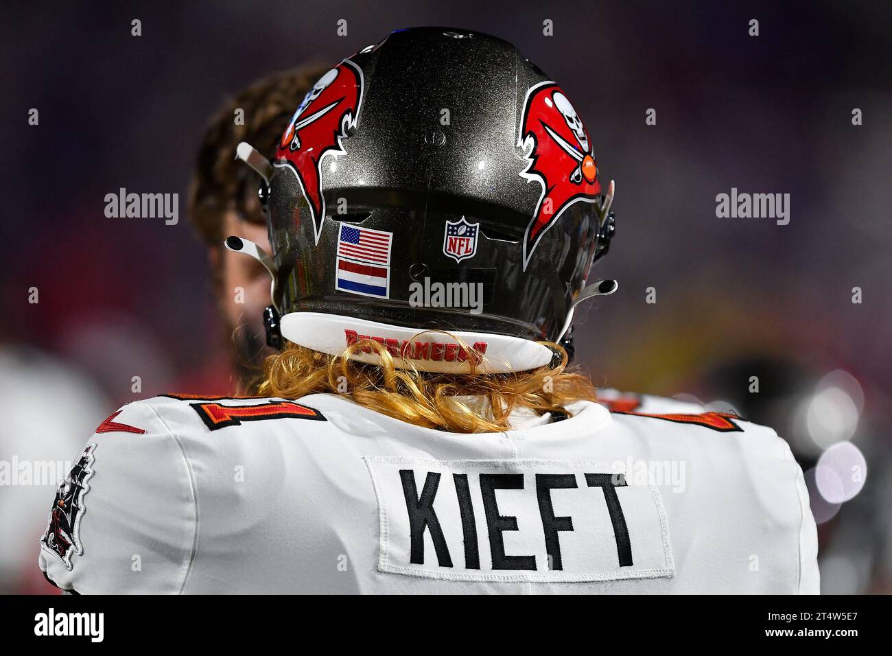 Tampa Bay Buccaneers tight end Ko Kieft (41) wears a decal of the flag ...