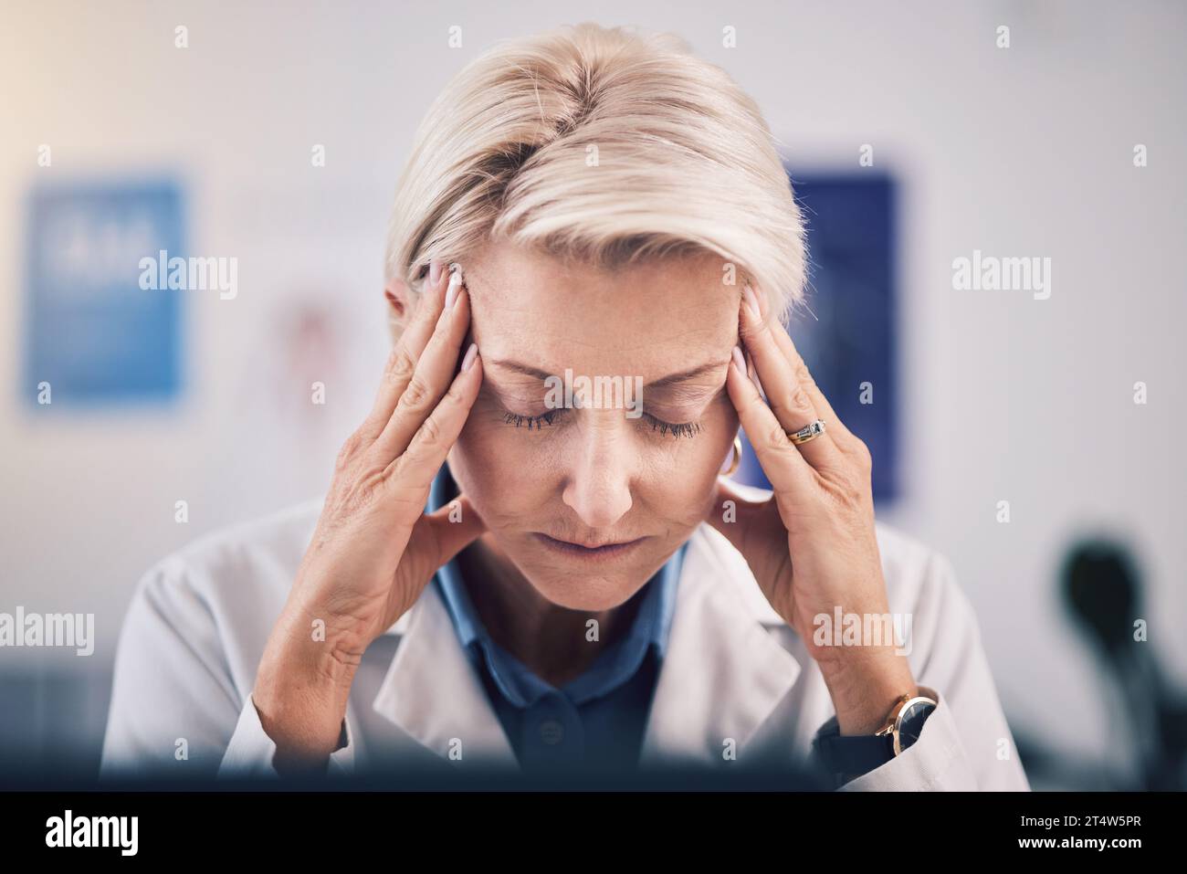Headache, face of doctor and stress of woman in medical office in ...