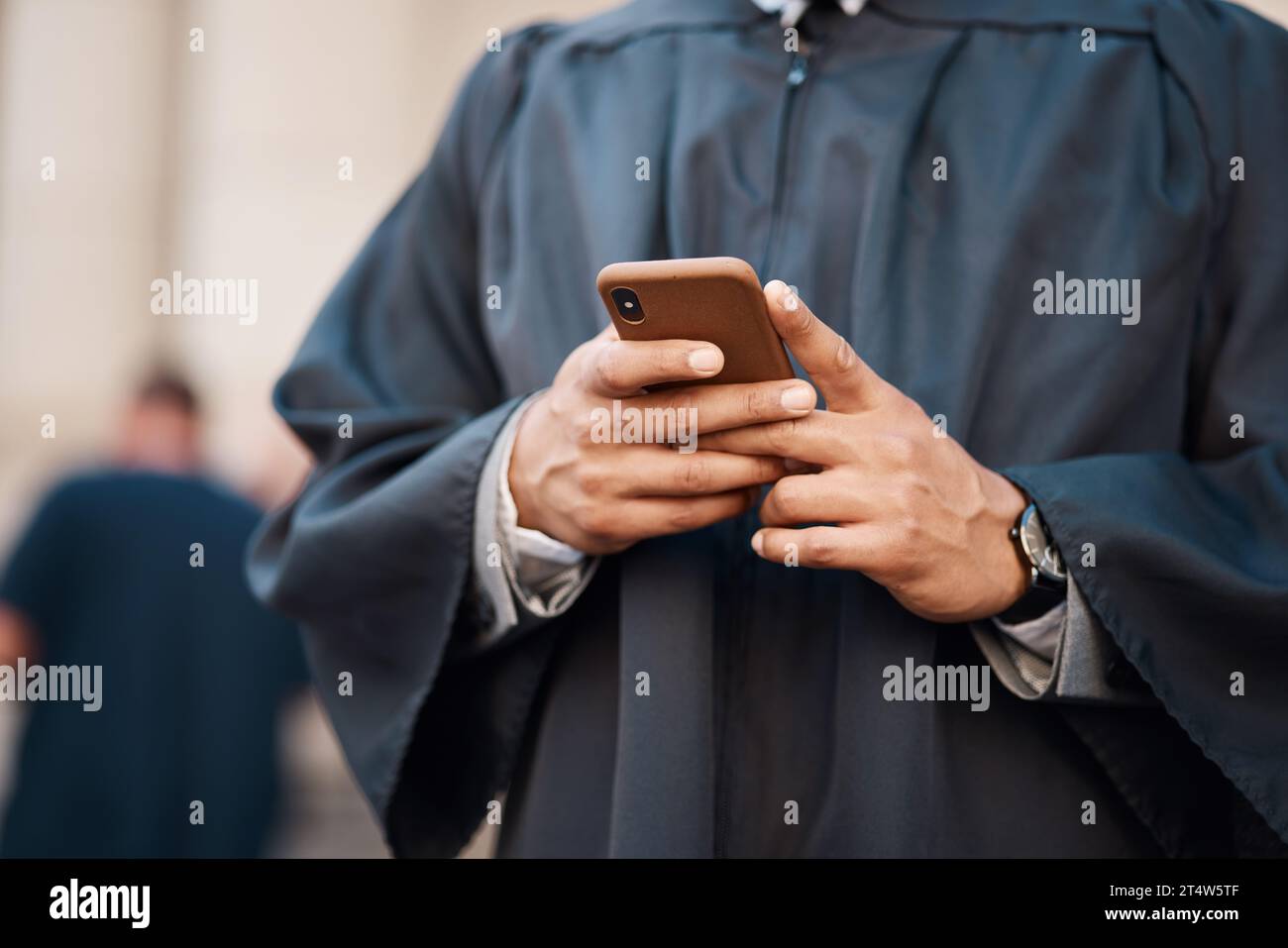 Lawyer, hands and cellphone with judge for justice at courtroom in city ...