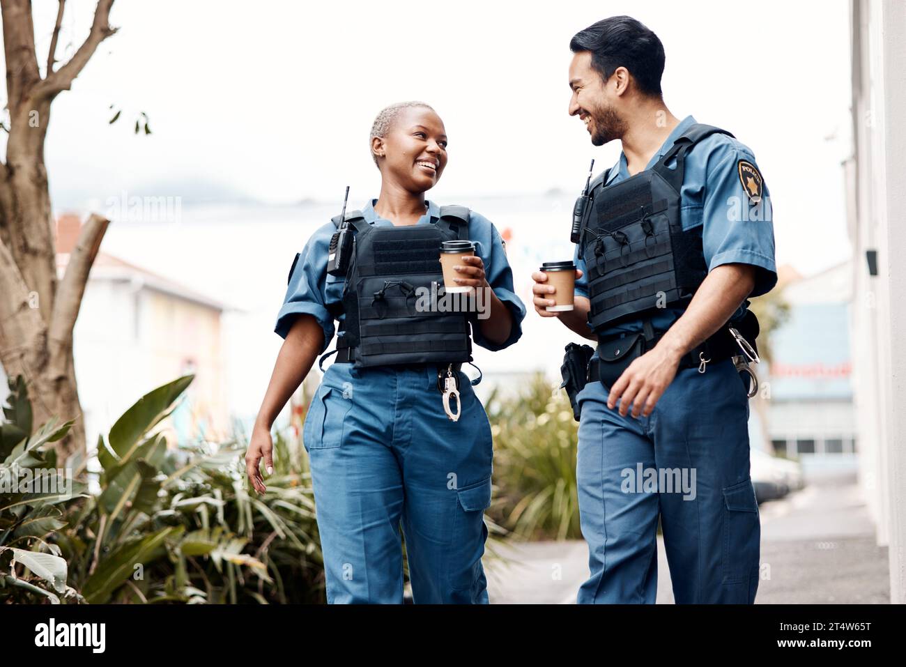 Police, conversation and team on a coffee break after investigation ...