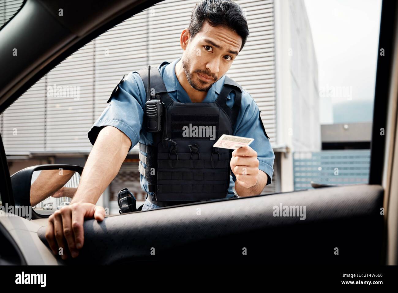 Car, drivers license or police officer in city to check info for law ...