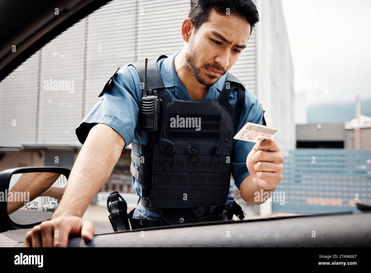 Stop, drivers license or police officer in city to check info for law enforcement, protection or ...