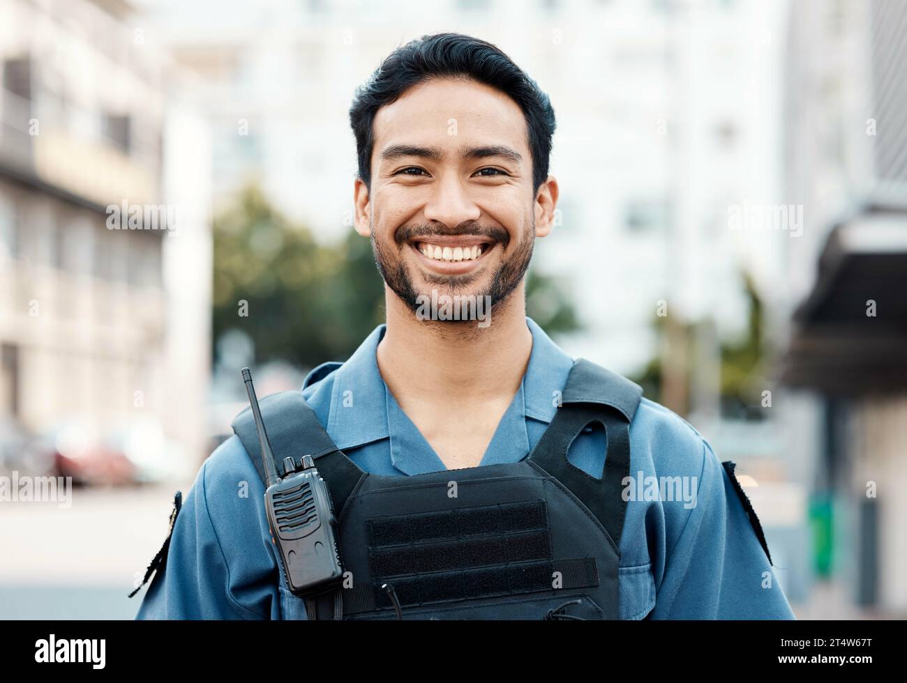 Portrait, happy or policeman in city for law enforcement, community ...