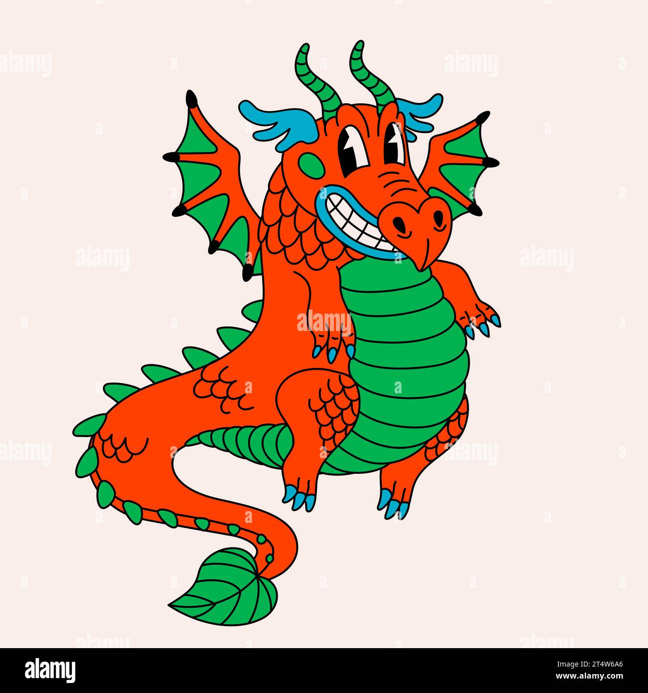 Retro style groovy cartoon dragon. Vintage 70s a funny smiling dragon ...
