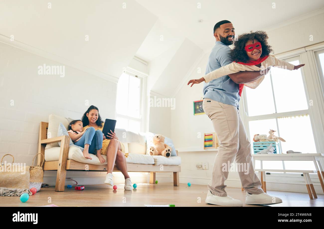 Superhero flight, dad and happy kid play crime fighting game, imagine ...