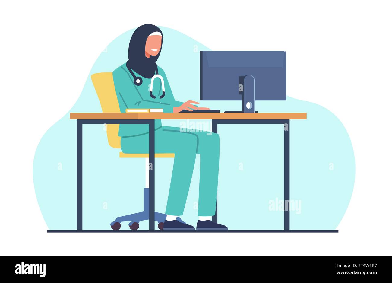 Muslim female doctor works on computer. Arab women in hijab, medical ...