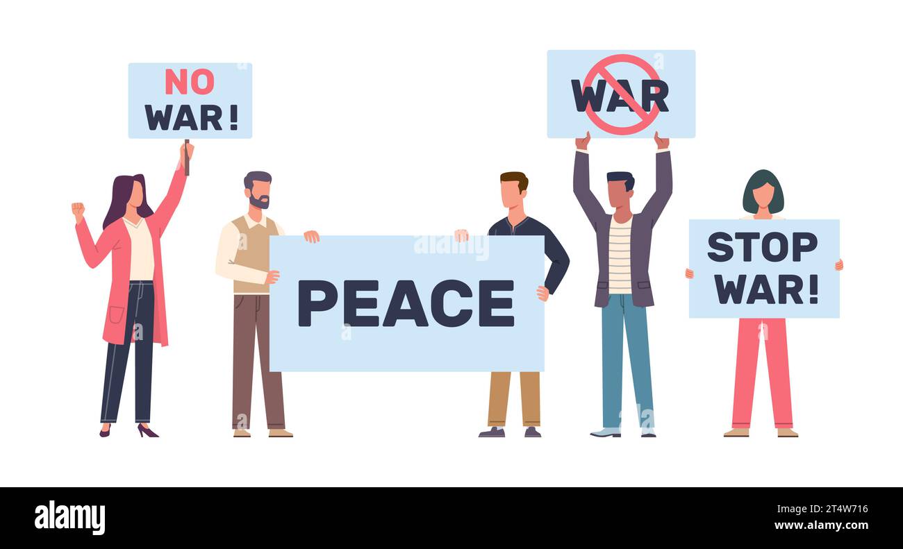 People hold banners and placards demanding an end to war. Anti-war ...