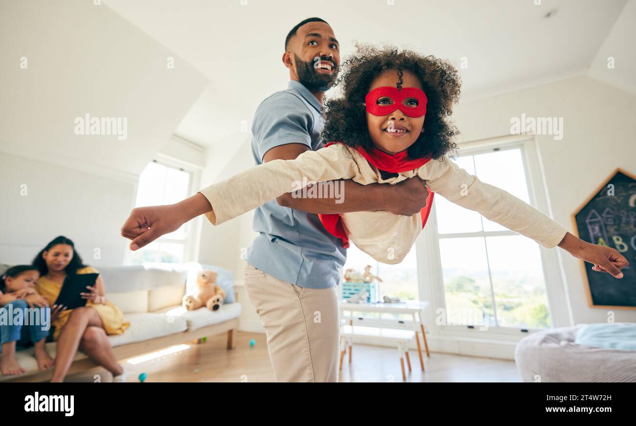 Superhero flight, father and happy kid playing pretend game, imagine ...