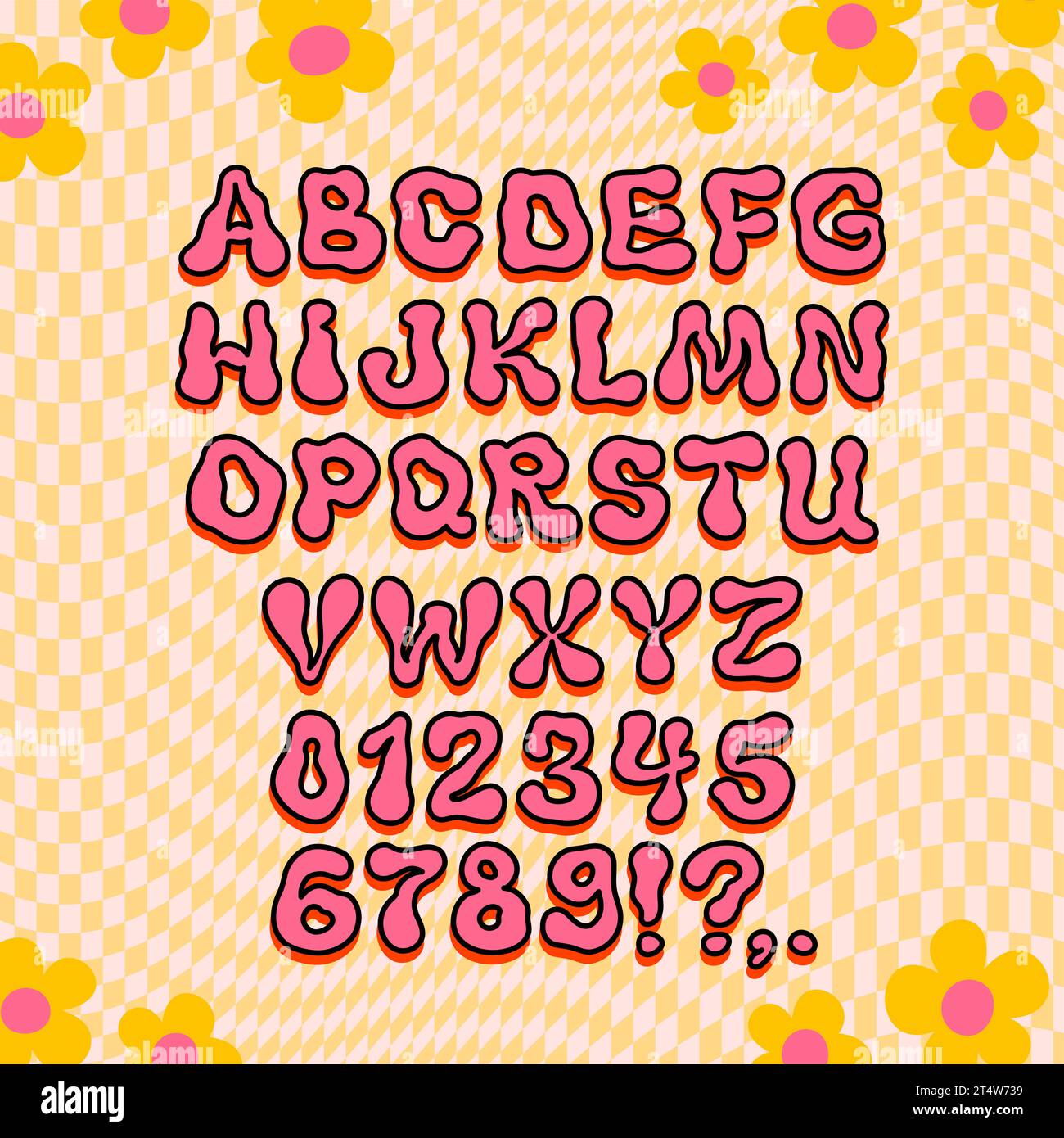 Retro style groovy alphabet. Vintage 70s font letters and numbers on ...