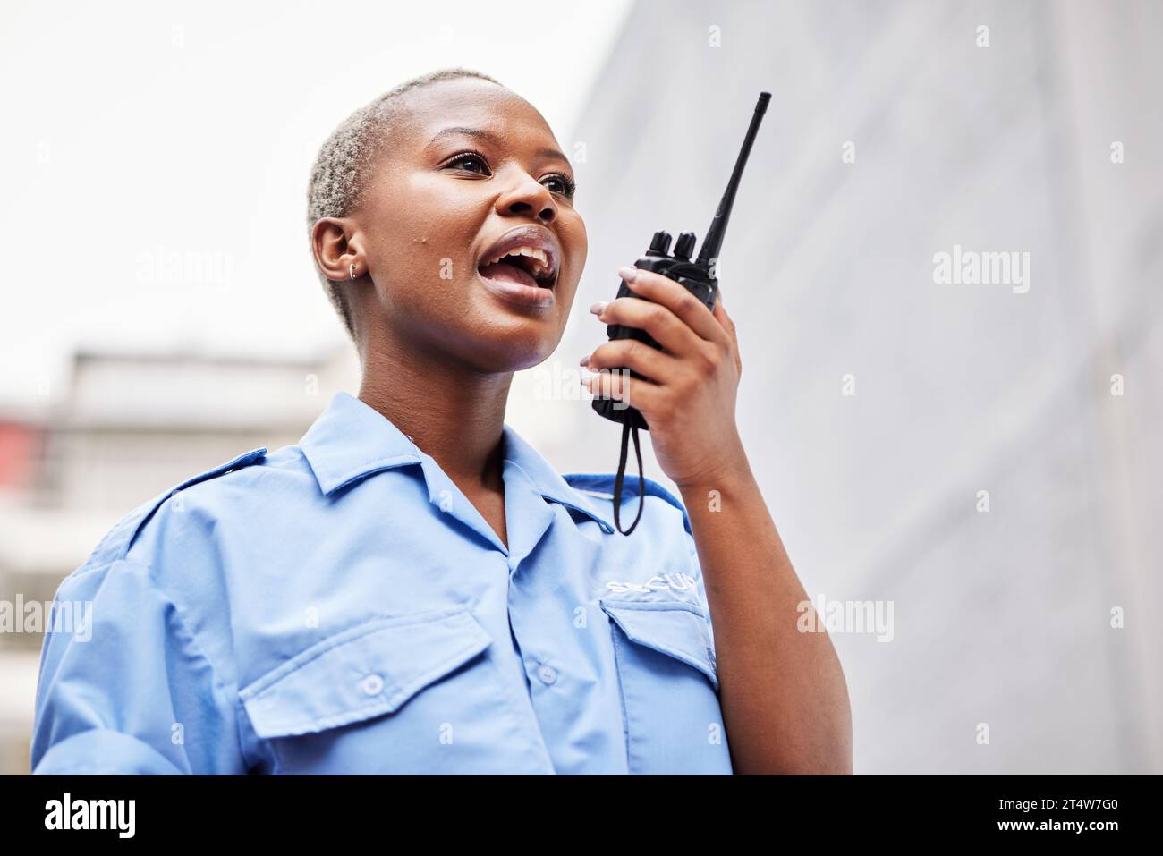 Walkie talkie, woman and security guard with radio outdoor for safety ...