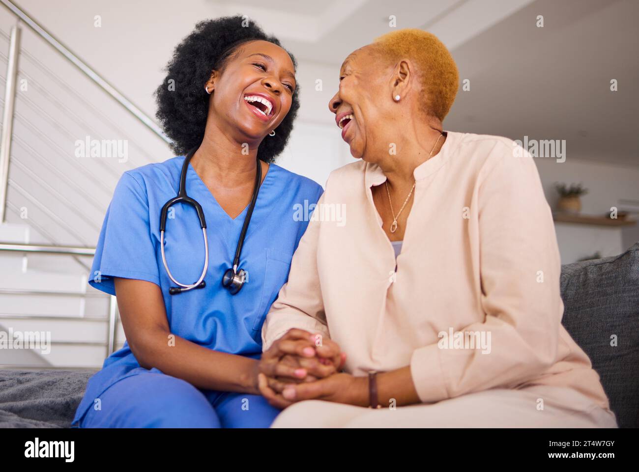 Black people, nurse and patient laughing in elderly care for funny joke ...