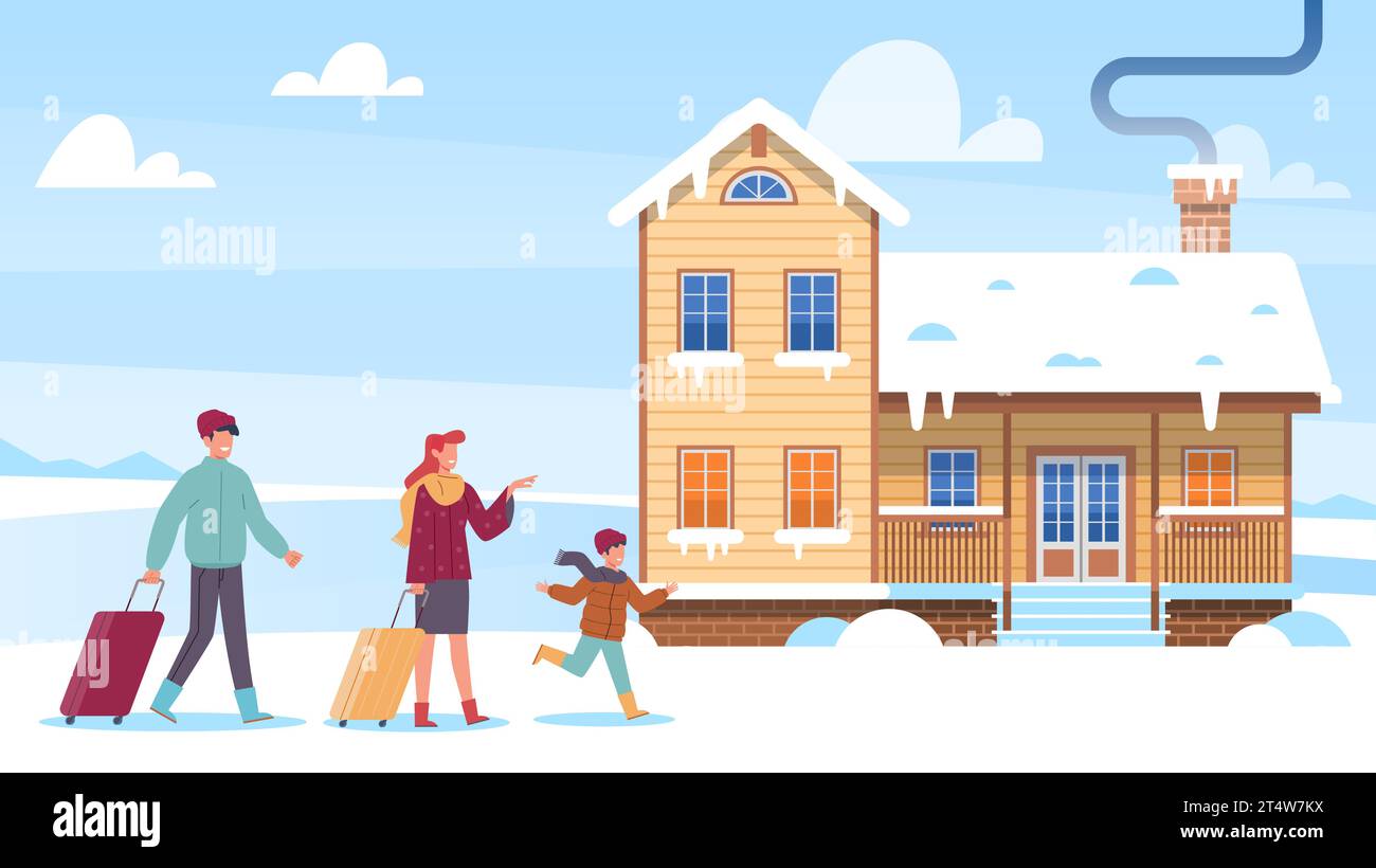 Family came to vacation at winter resort. Happy mom, father and son ...