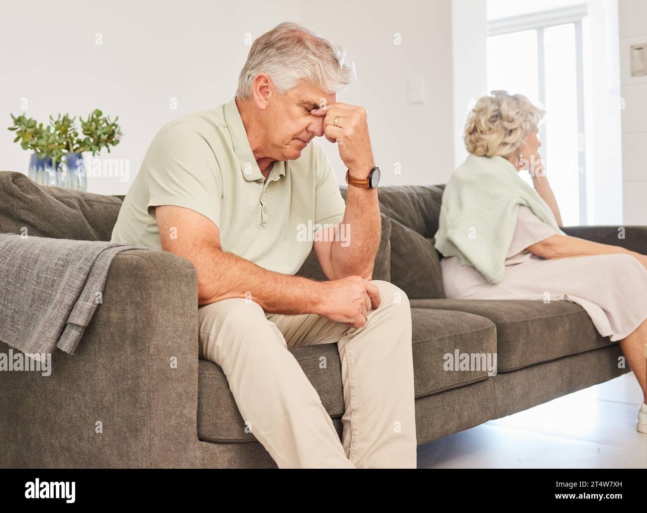 Angry, senior man and fight on sofa in divorce, breakup and stress of ...