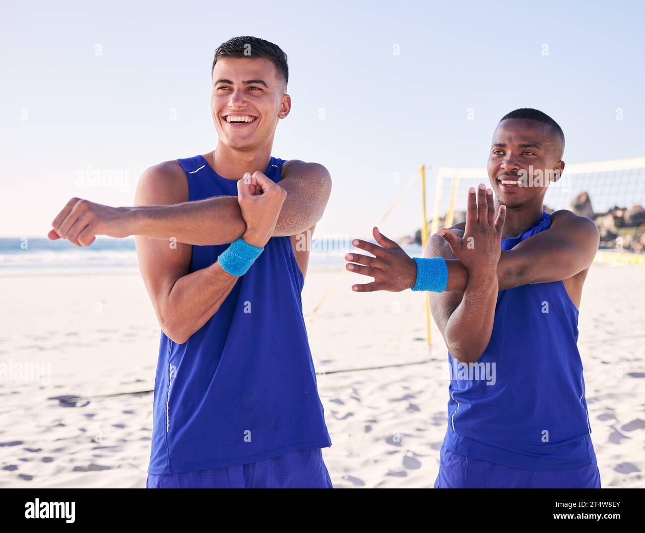 Thinking, stretching or happy men at beach for volleyball exercise ...