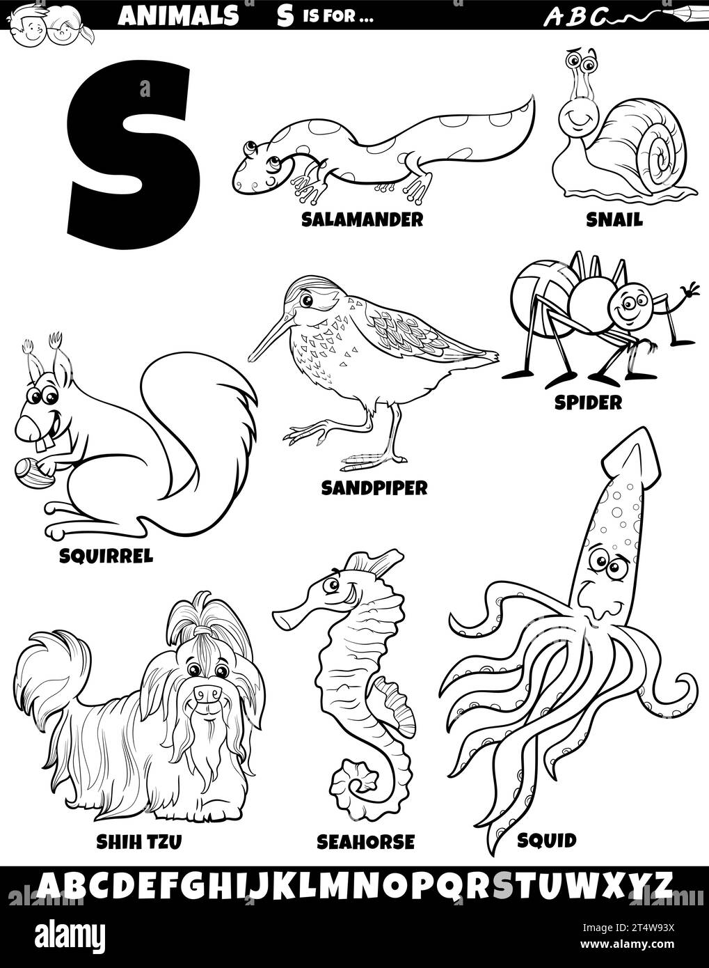 Cartoon illustration of animal characters set for letter S coloring ...