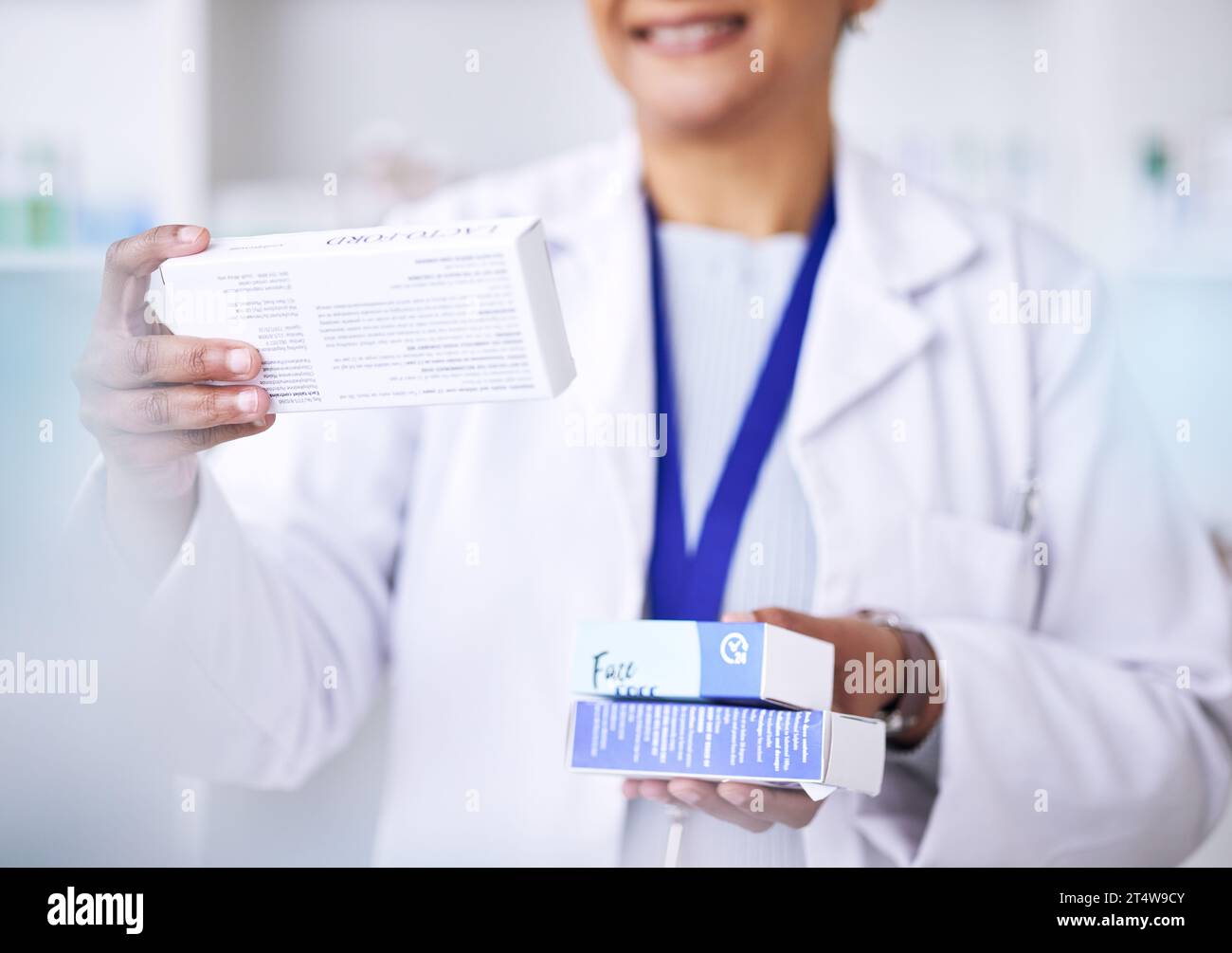 Woman, hands and pharmacist with medication, pills or prescription for ...