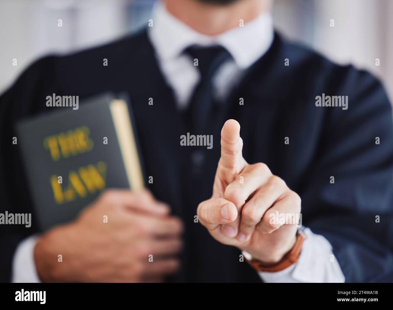 Lawyer, finger and press button for legal justice, ui and service on ...